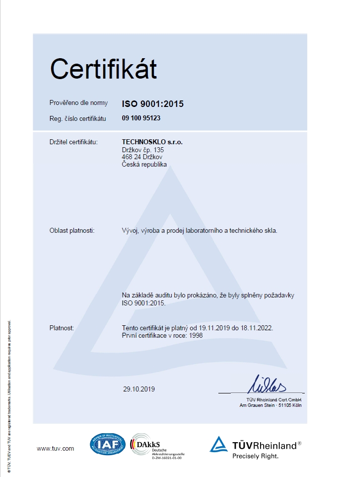 ISO certifikace - TECHNOSKLO s.r.o. - O společnosti - TECHNOSKLO s.r.o. - TECHNOSKLO s.r.o.